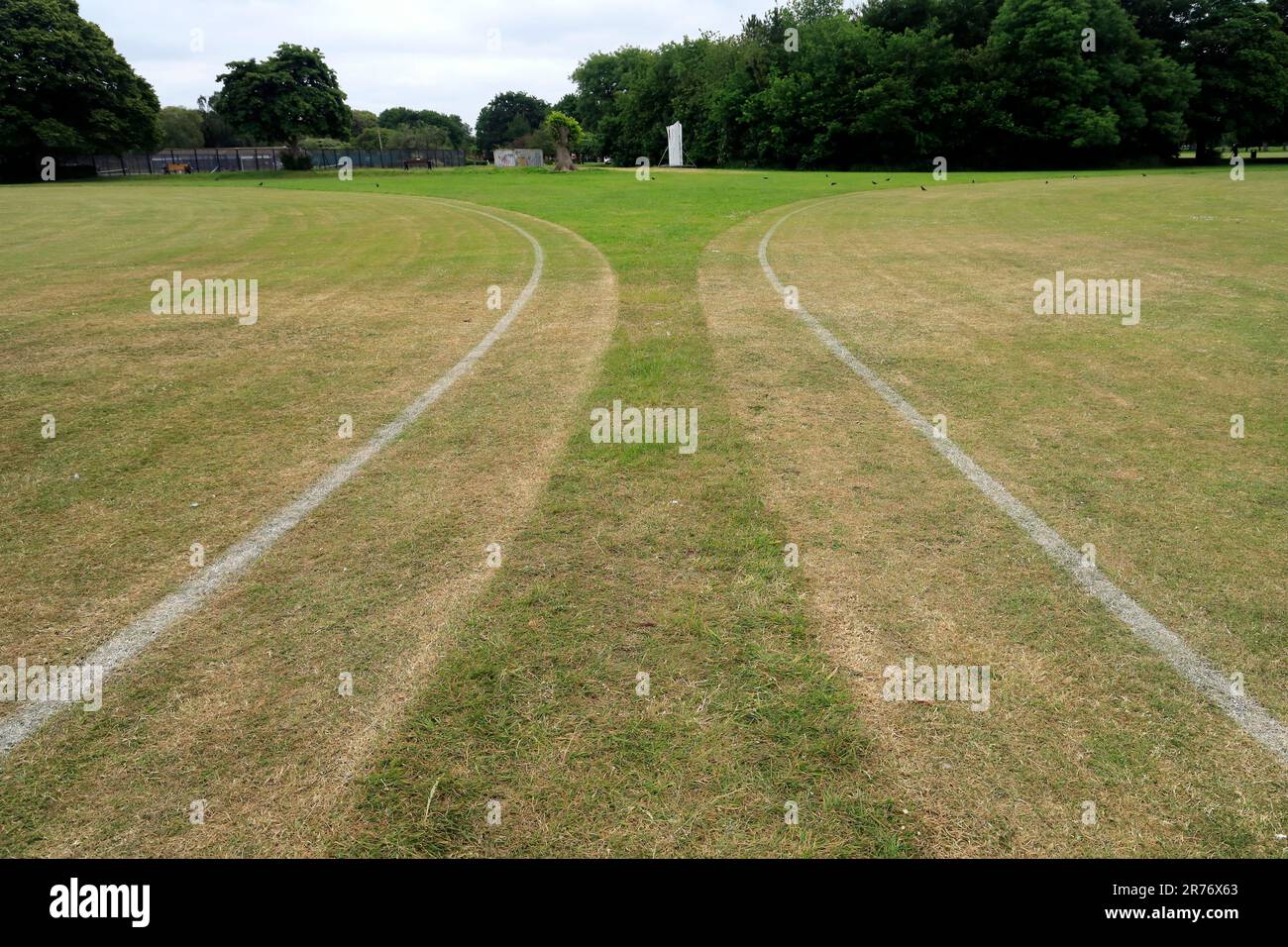 Converging boundary lines between two cricket pitches making an ...