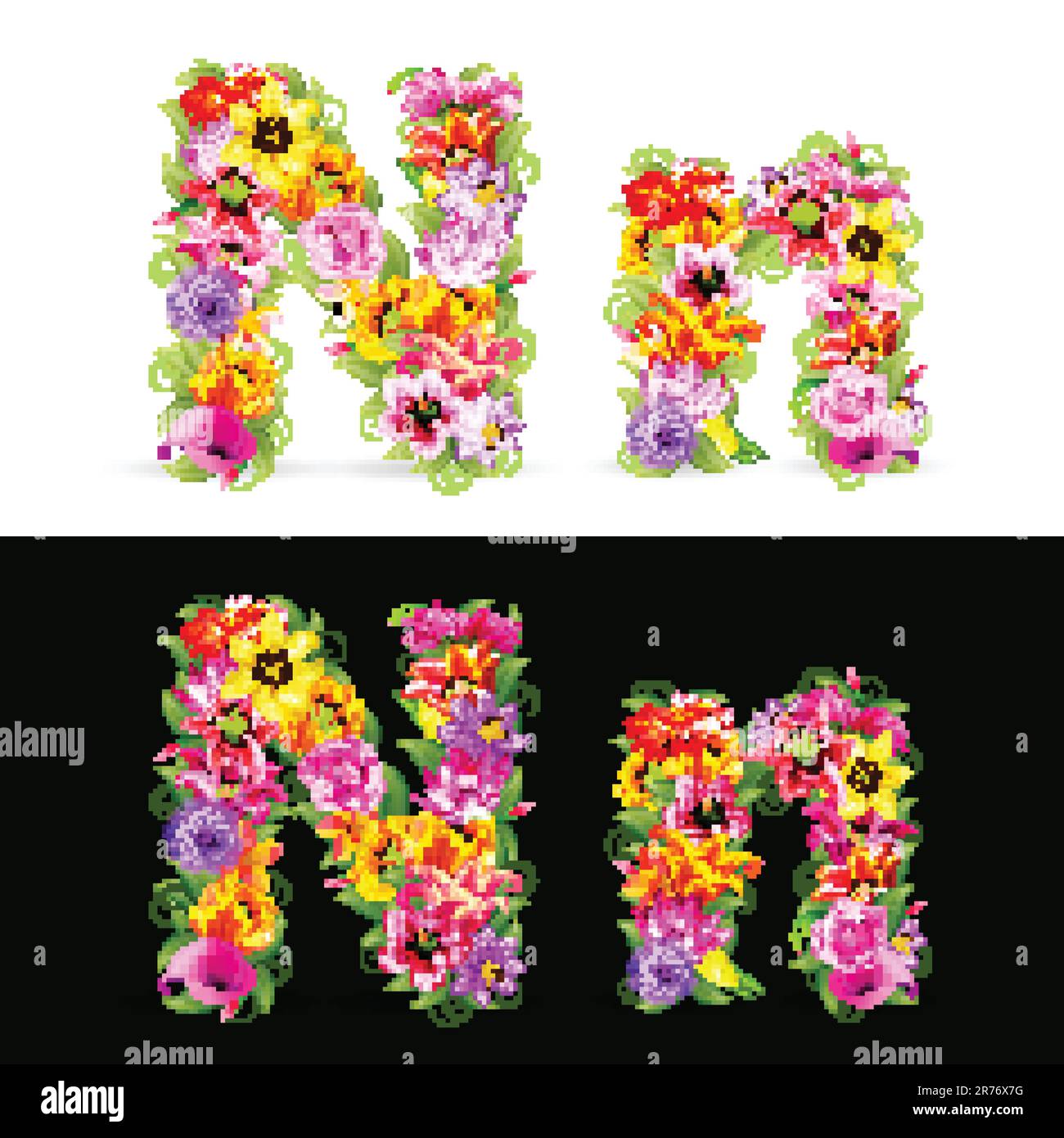 N, vector colorful flower font on white and black background Stock ...