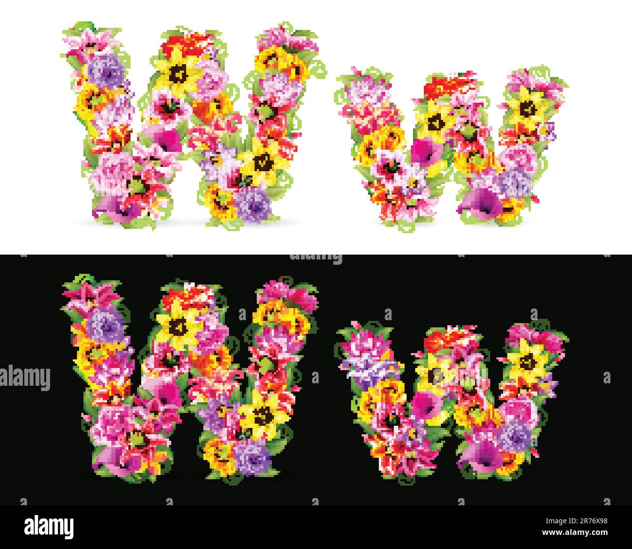 W, vector colorful flower font on white and black background Stock ...