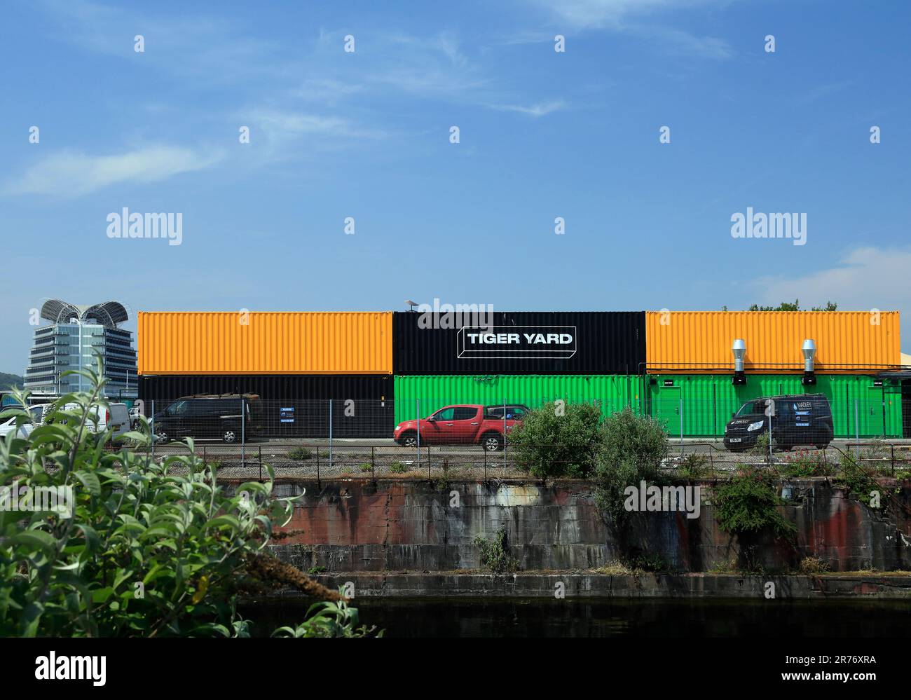 Side view of The Tiger Yard, outdoor pop-up summer food court, Cardiff ...