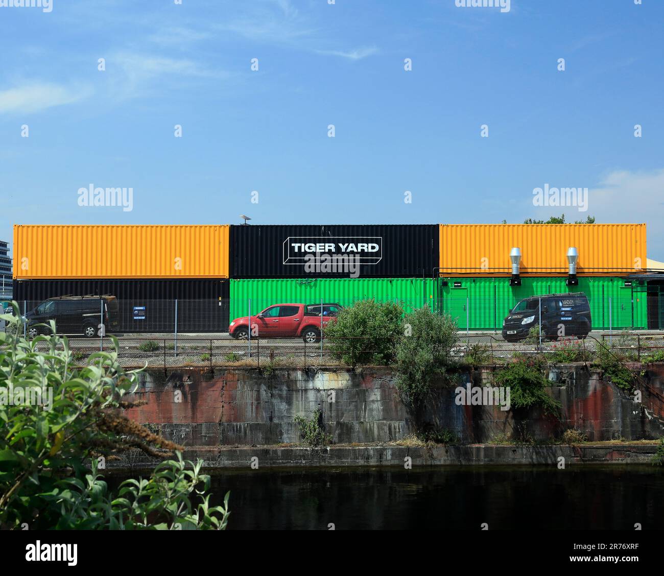 Side view of The Tiger Yard, outdoor pop-up summer food court, Cardiff ...