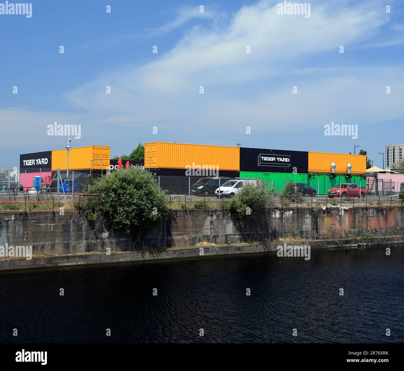 Side view of The Tiger Yard, outdoor pop-up summer food court, Cardiff ...