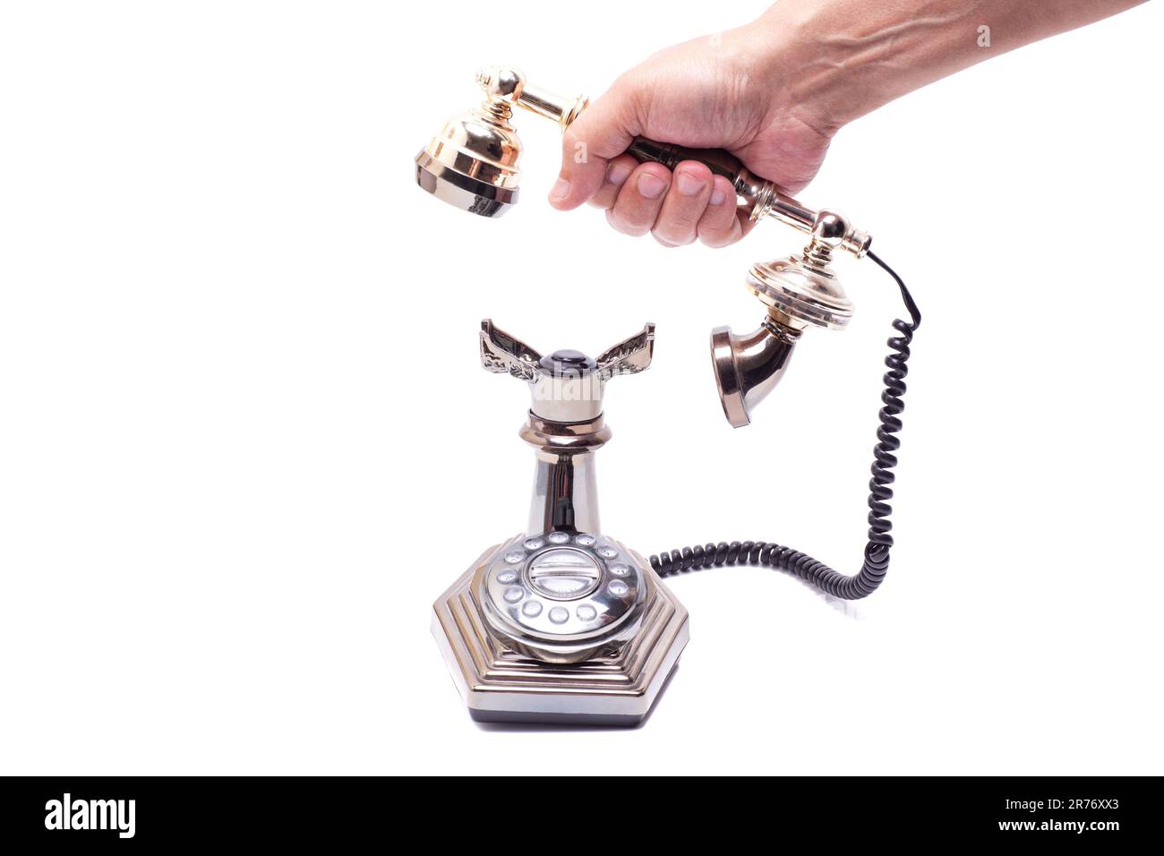 Vintage telephone with hand isolated on white background Stock Photo ...