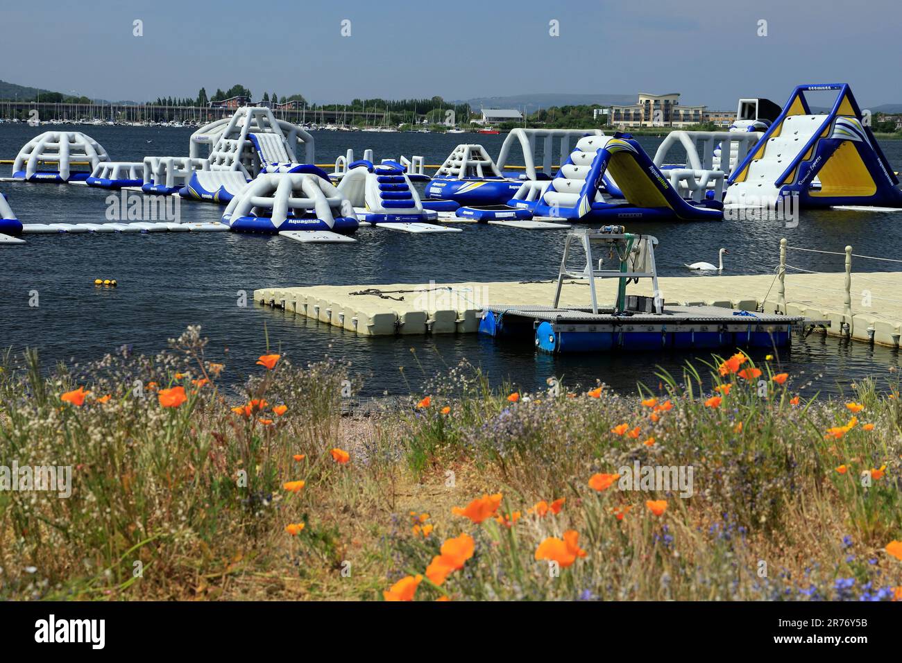 The Aquapark water inflatables park fun activity without customers ...