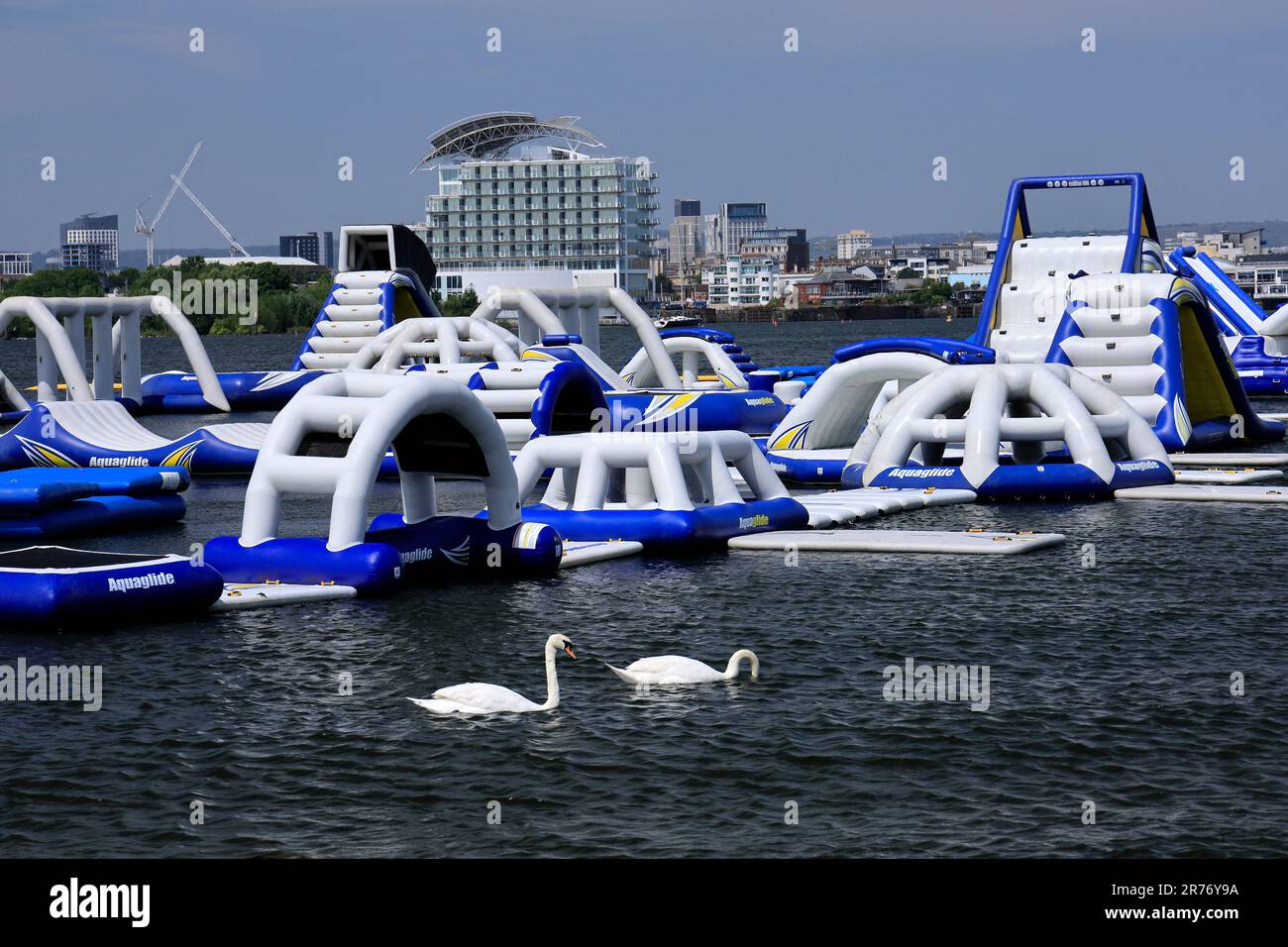 The Aquapark water inflatables park fun activity without customers, but ...