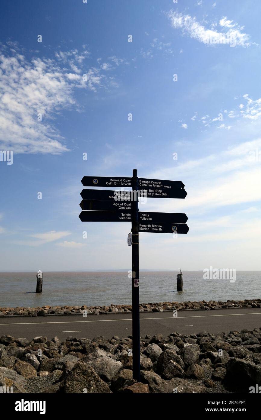 Signpost, Cardiff Bay and Barrage.. June 2023. Summer Stock Photo - Alamy