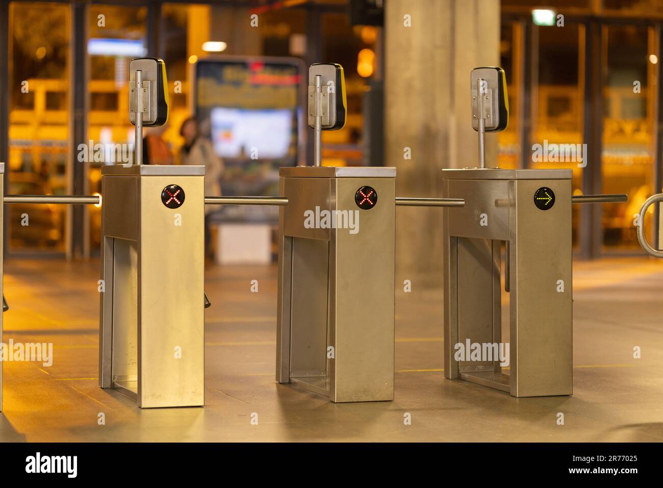 Access turnstiles from the subway in the late evening - LED-lighting ...