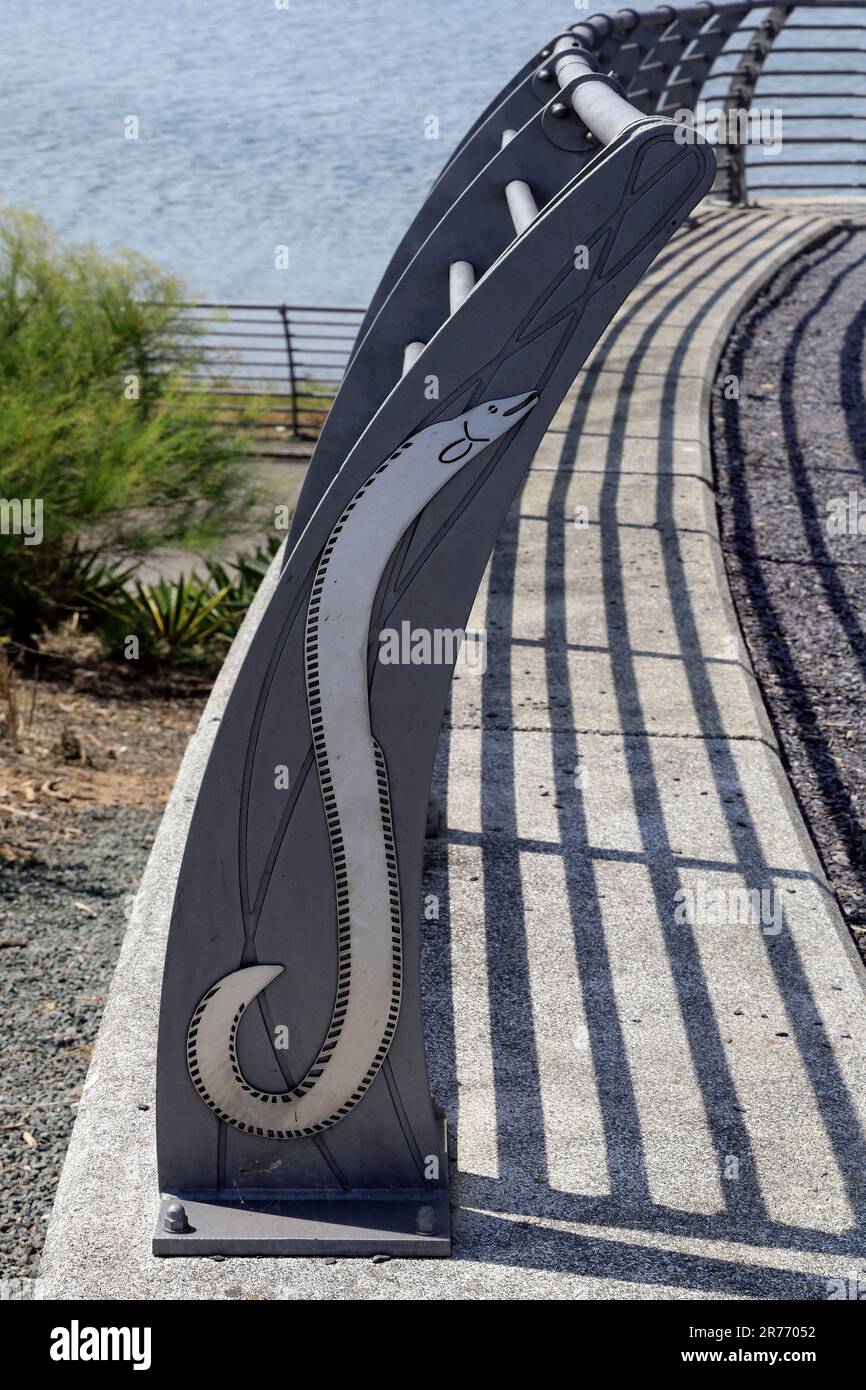 Fish artwork detail on railings, Cardiff Bay Barrage. . June 2023 ...
