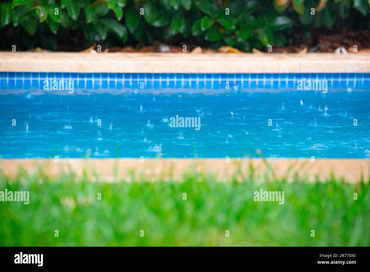 Close up of rain drops falling in the swimming pool Stock Photo - Alamy