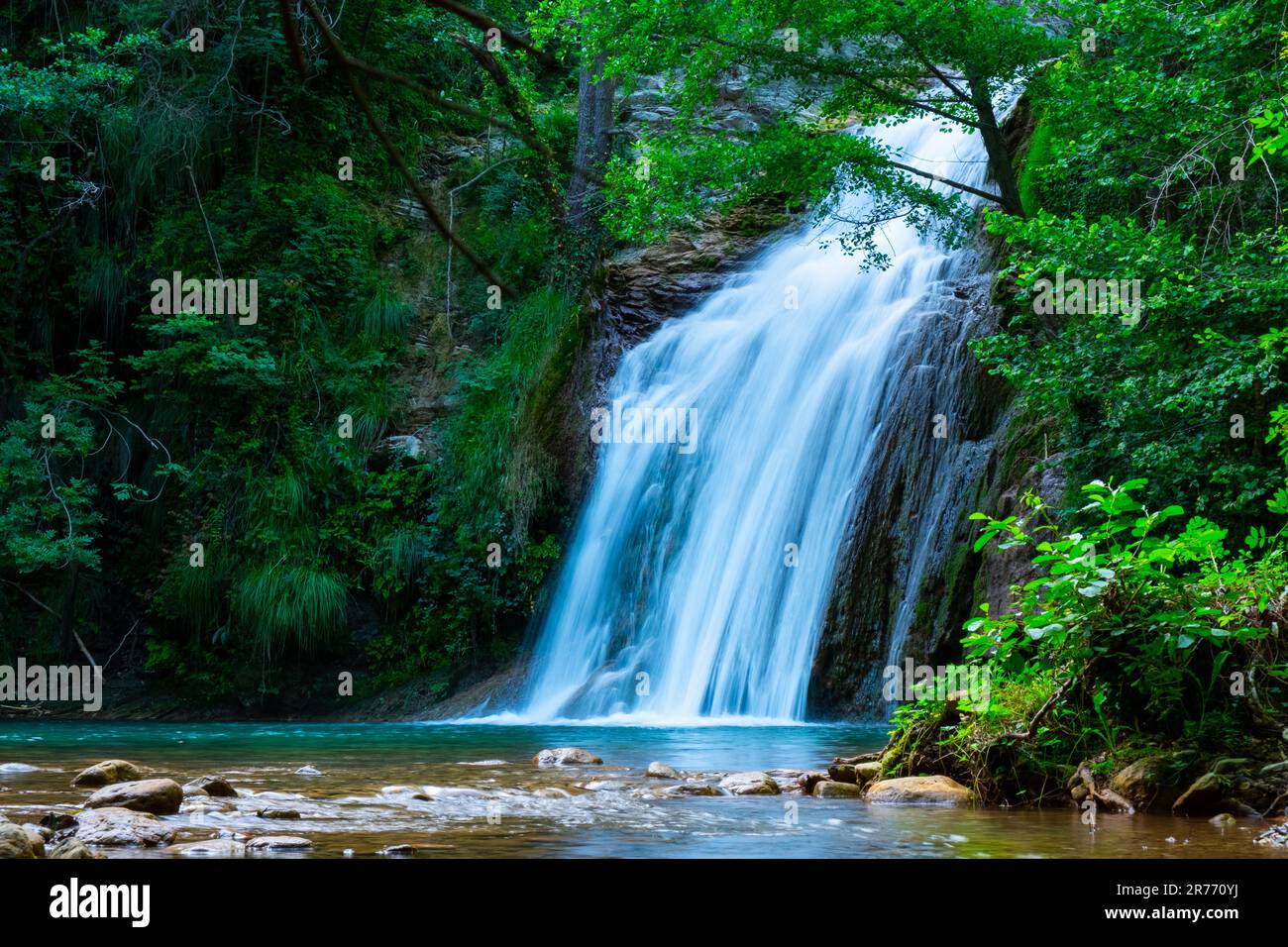 A large beautiful waterfall in a forest with blue water and a tree ...