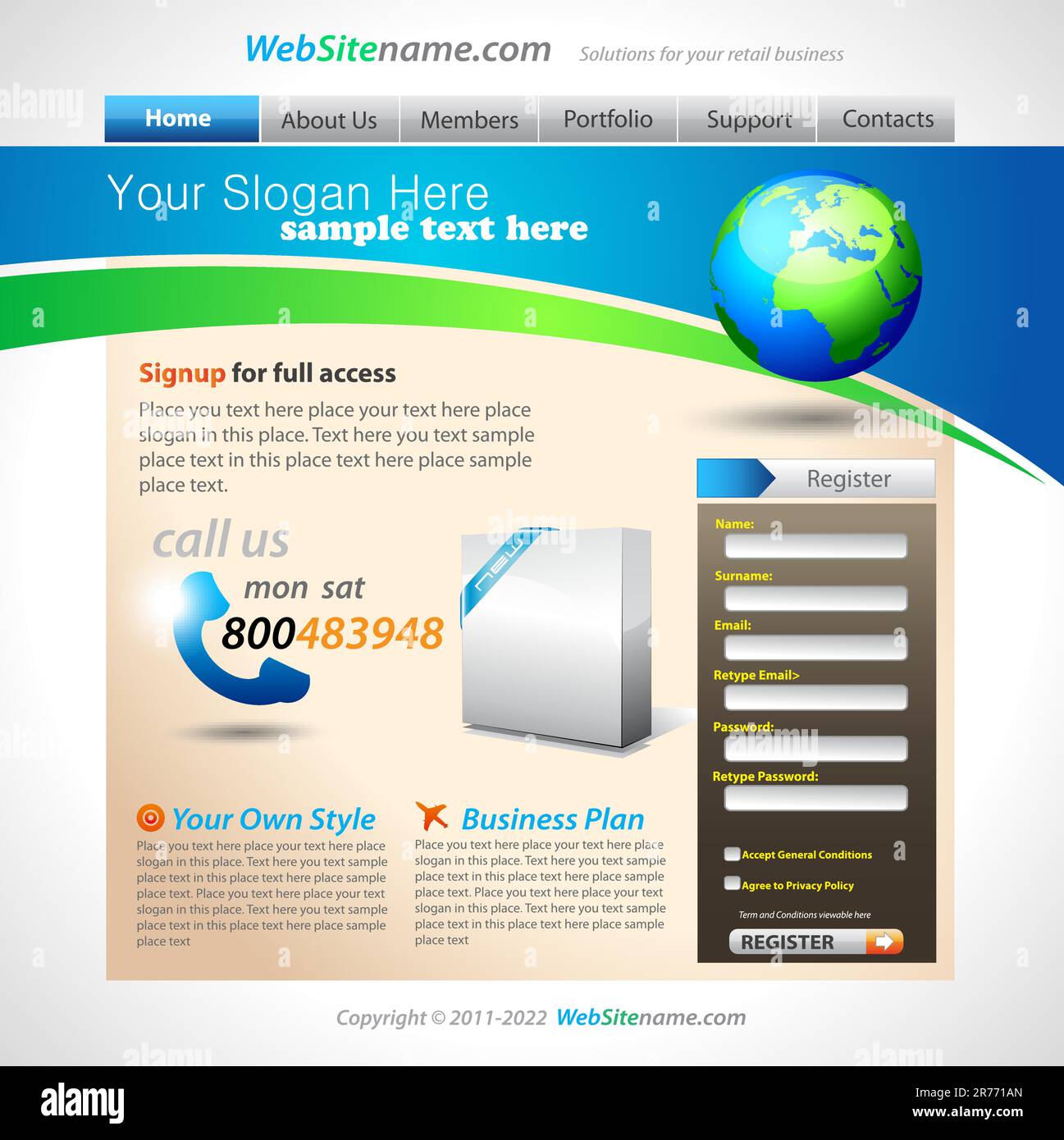 Business WebSite Template with accurate Globe illustration Stock Vector ...