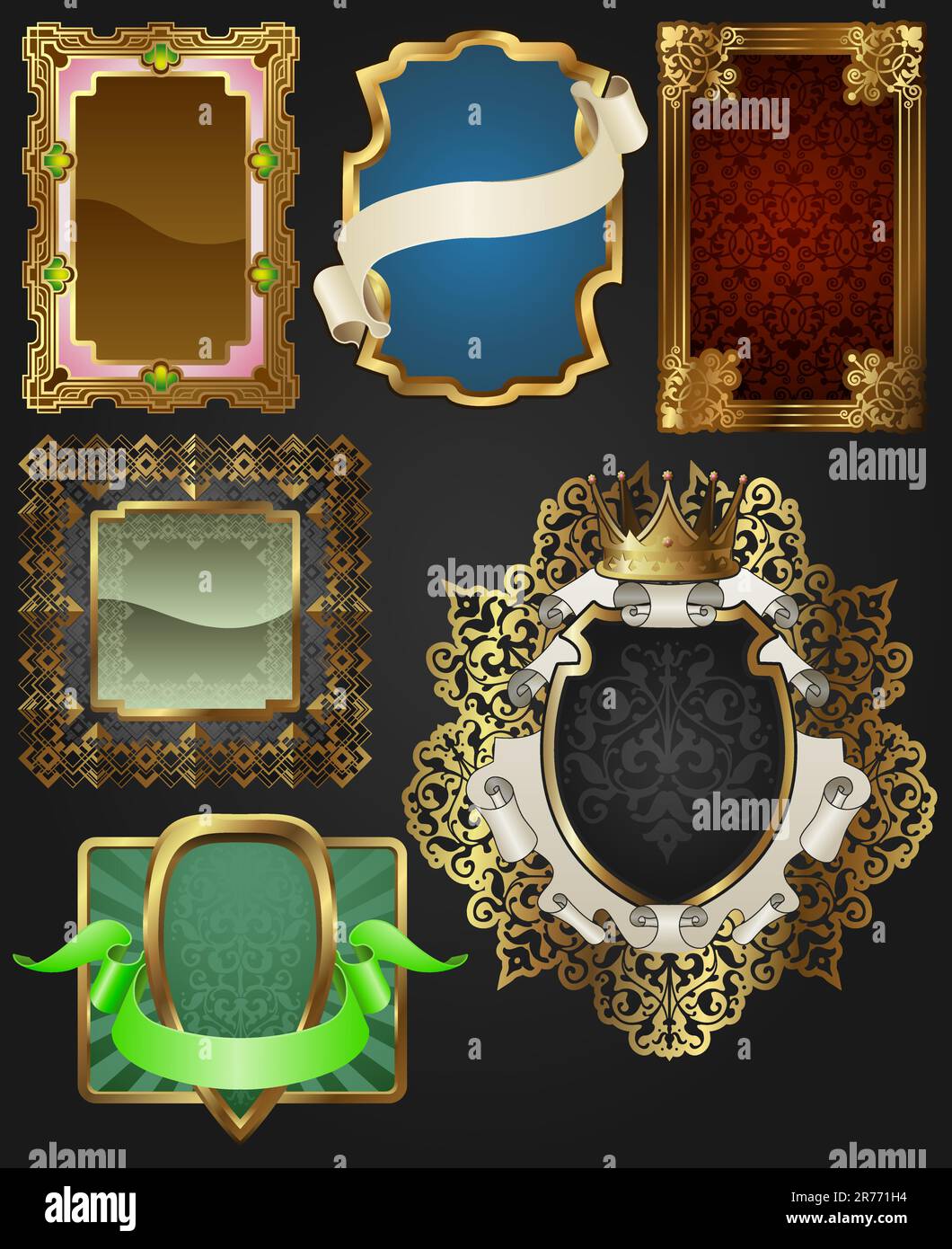 Vintage retro glossy gold frames and labels in a variety of retro ...