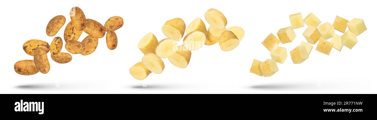 Flying vegetables set. Flying potatoes isolated on white background ...