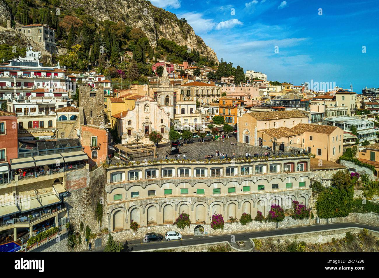 Aerial view of the resort town of Taormina on a sunny November day ...