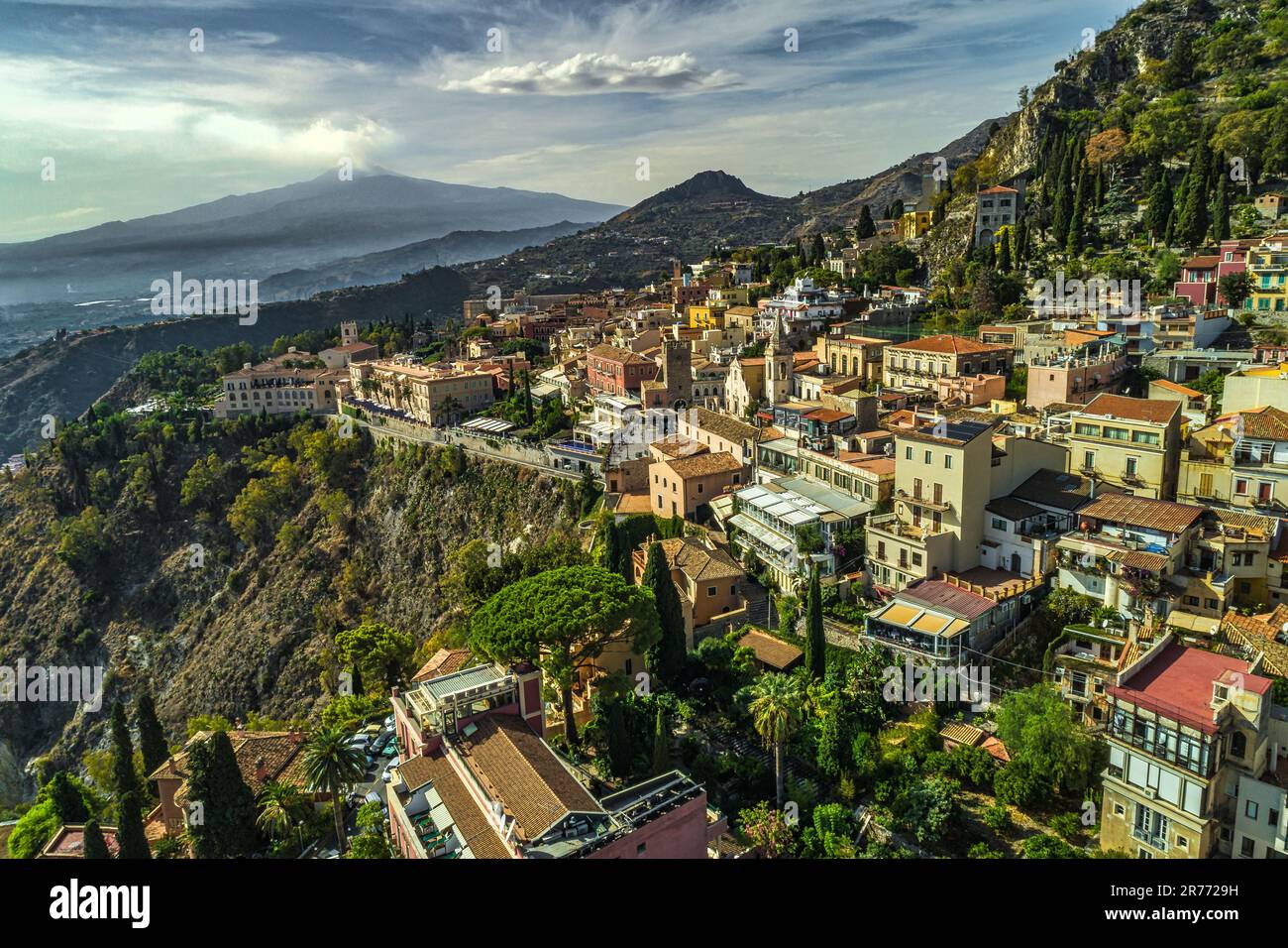 Aerial view of the tourist city of Taormina, in the background the ...