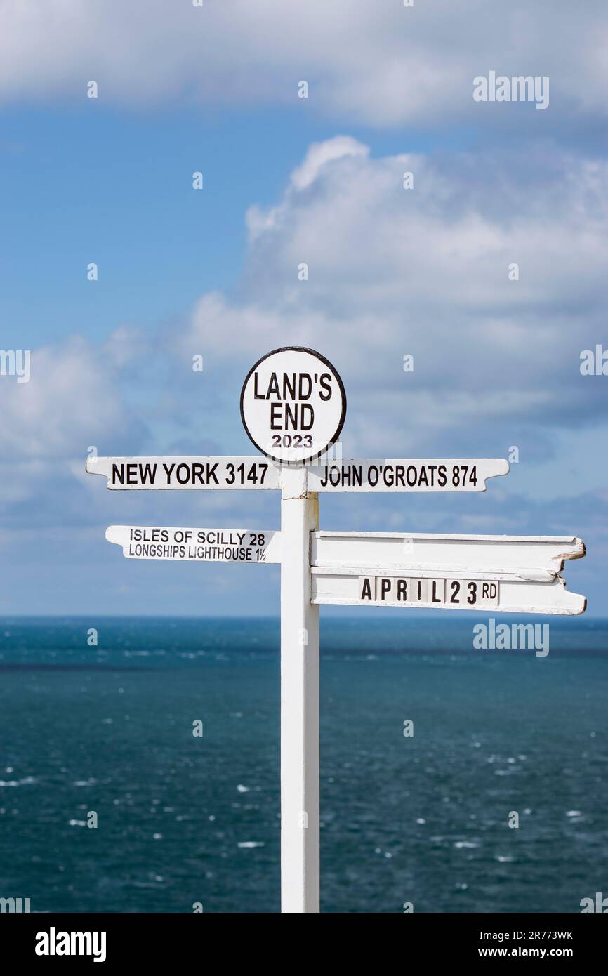The iconic signpost at Land's End in Cornwall, England, UK Stock Photo ...