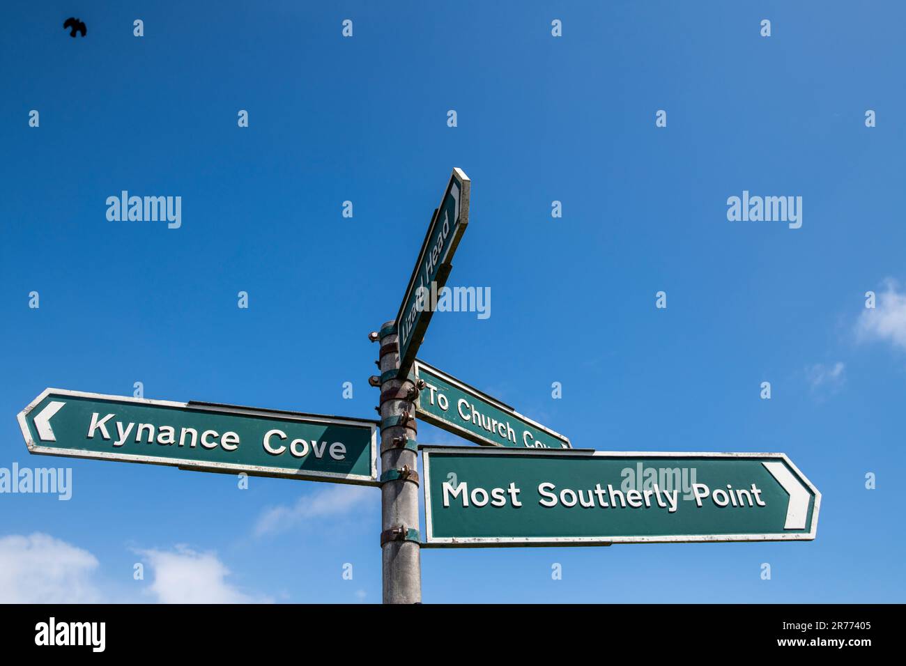 Road signs for Kynance Cove and the UK's Most Southerly Point located ...