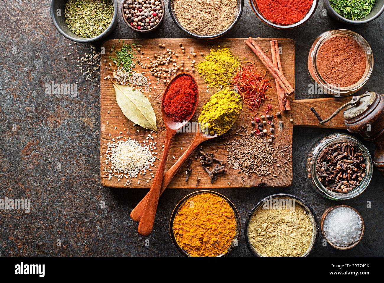 Colorful herbs and spices for cooking meal. Indian and Asian spices On ...