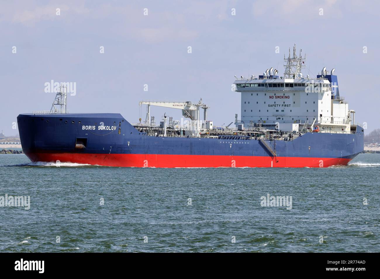 The crude oil tanker Boris Sokolov leaves the port of Rotterdam on ...