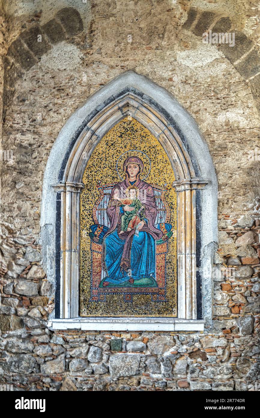 Clock tower, the Byzantine-style gold mosaic, depicting the Madonna ...