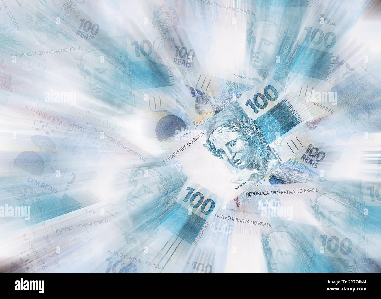 several banknotes of one hundred reais from brazil, texture of ...