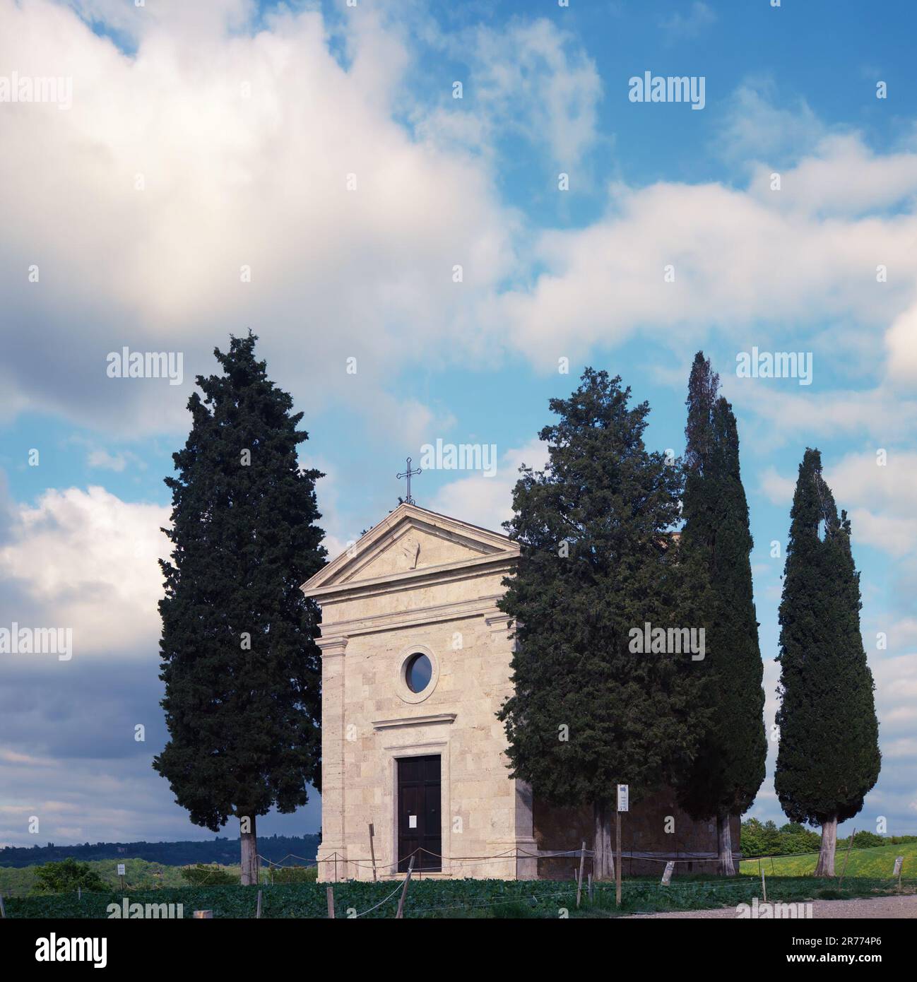 View on the Vitaleta Chapel and the surrounding hills of the Orcia ...