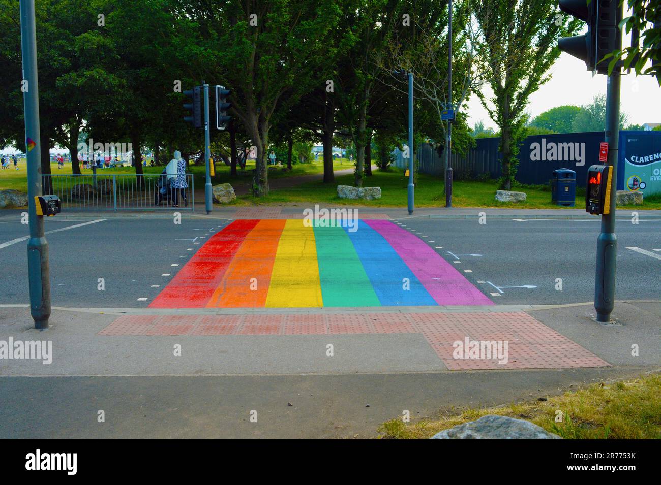 England, Hampshire, Portsmouth, Pedestrian crossing painted in rainbow ...
