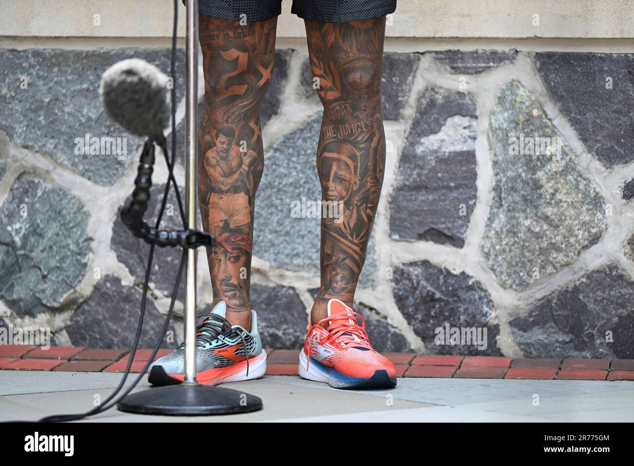 Baltimore Ravens wide receiver Odell Beckham Jr. tattooed legs are seen ...