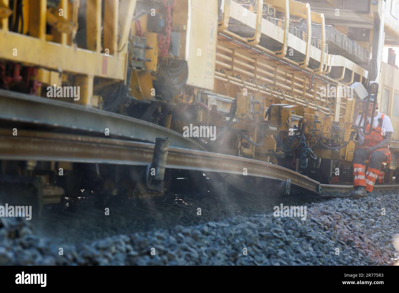 13 June 2023, Bavaria, Markt Bibart: A track renewal train is being ...