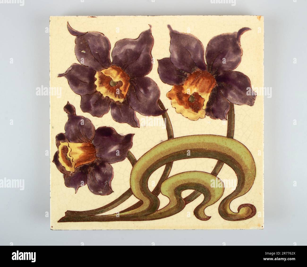 Antique 1900s English Art Nouveau hand coloured three purple daffodil ...