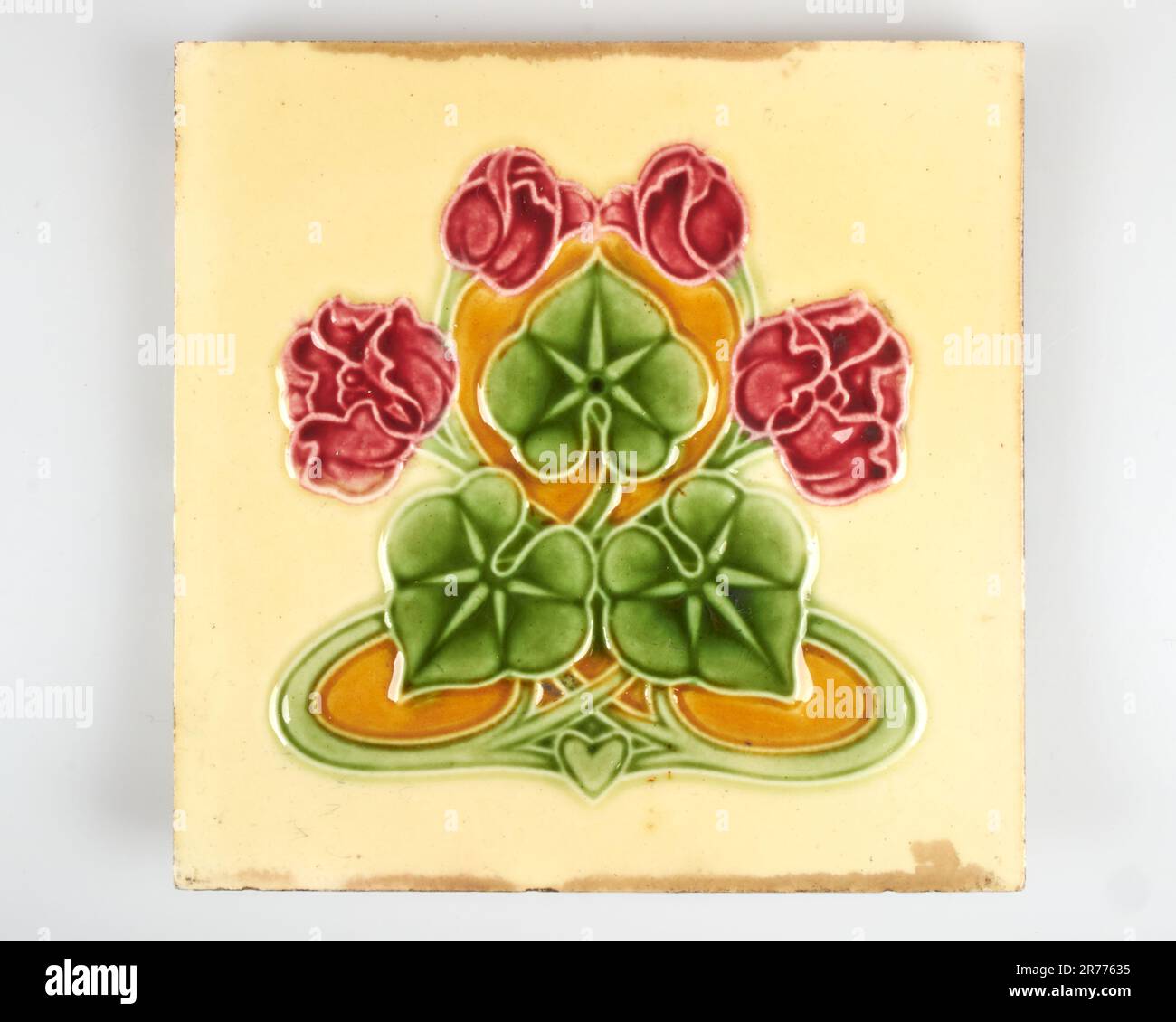 Antique 1900s Lea and Boulton Art Nouveau red rose pottery tile Stock ...