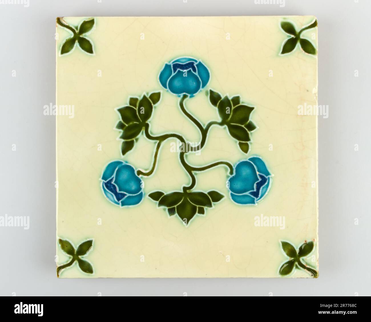 Antique 1900s English Art Nouveau Rhodes Tile Co. three blue flower ...