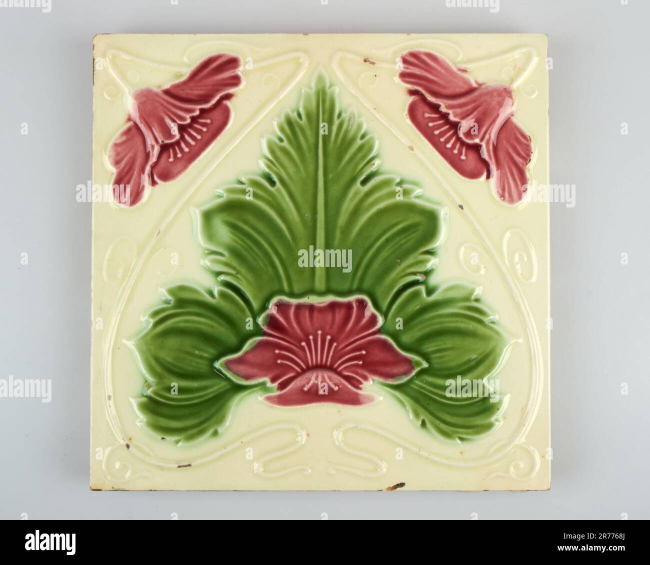 Antique 1900s English Art Nouveau H.A. Ollivant pink flower pottery ...