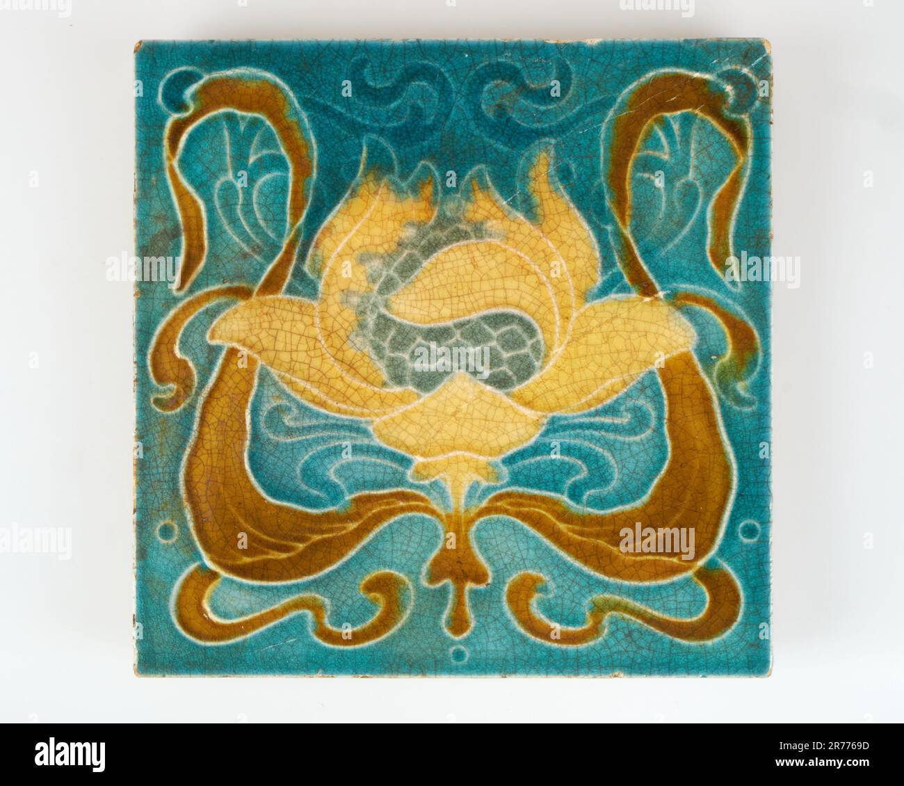 Antique 1900s English Art Nouveau Malkin Tile Co. yellow and blue ...