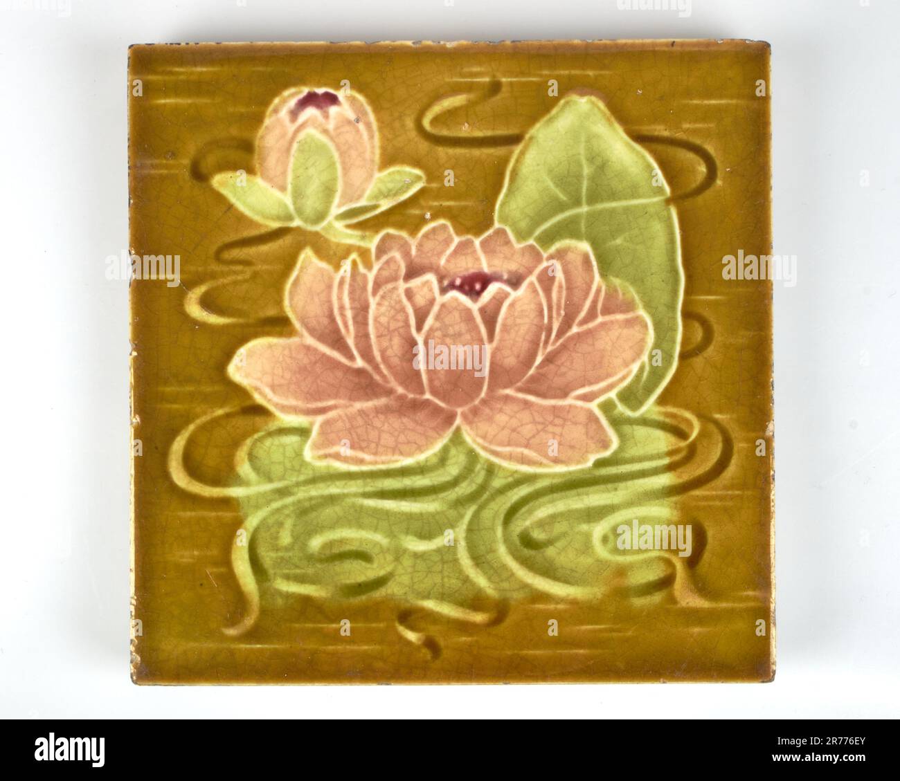Antique 1900s English Art Nouveau pink water lily pottery tile Stock ...