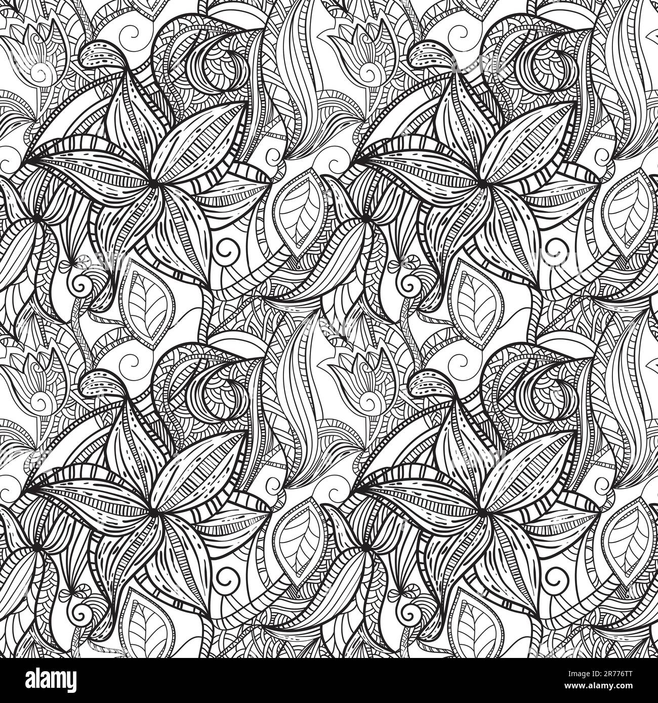 vector seamless hand drawn monochrome floral pattern, clipping masks ...