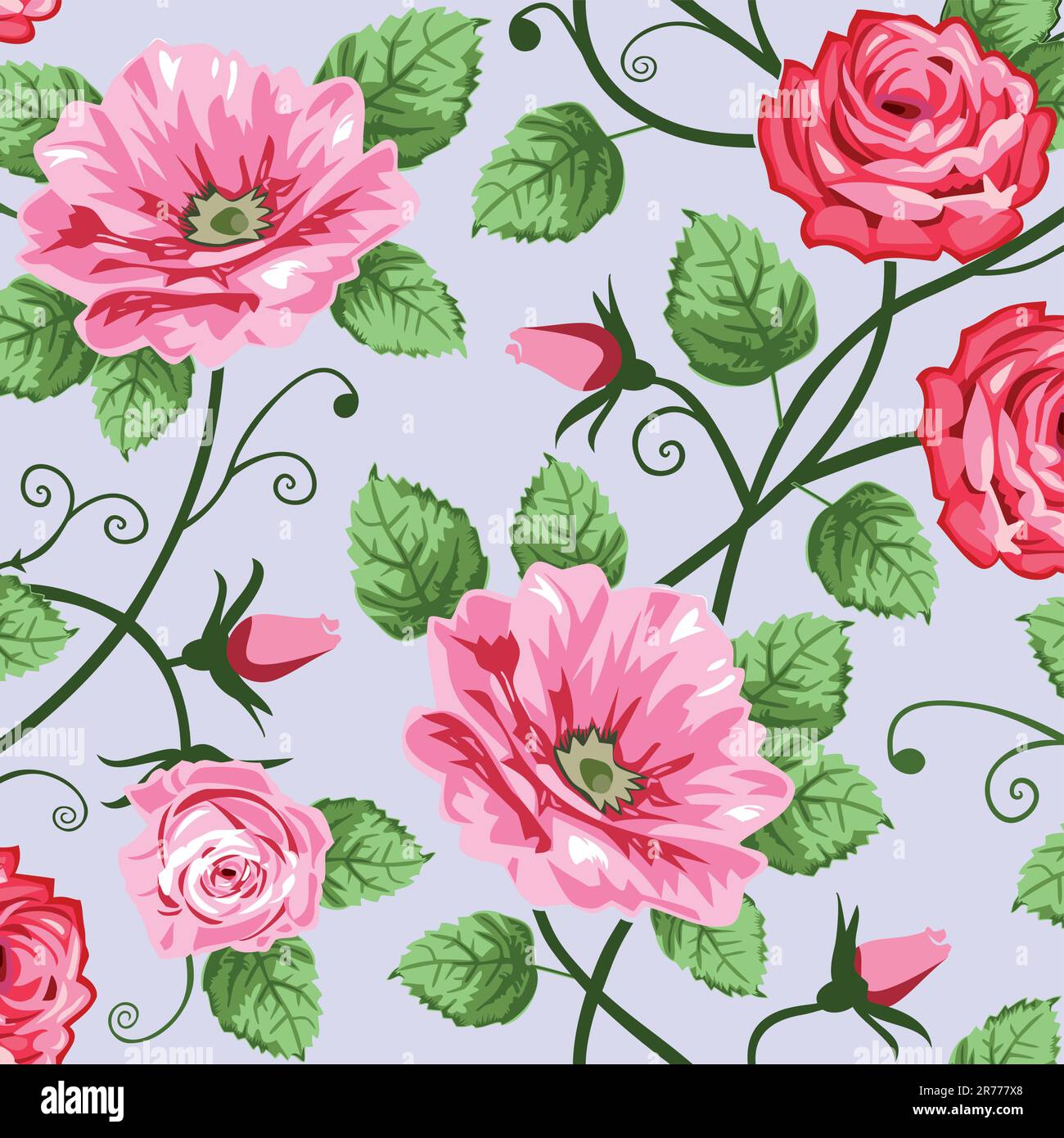 Pink roses on blue background, vector repeating seamless pattern, full ...
