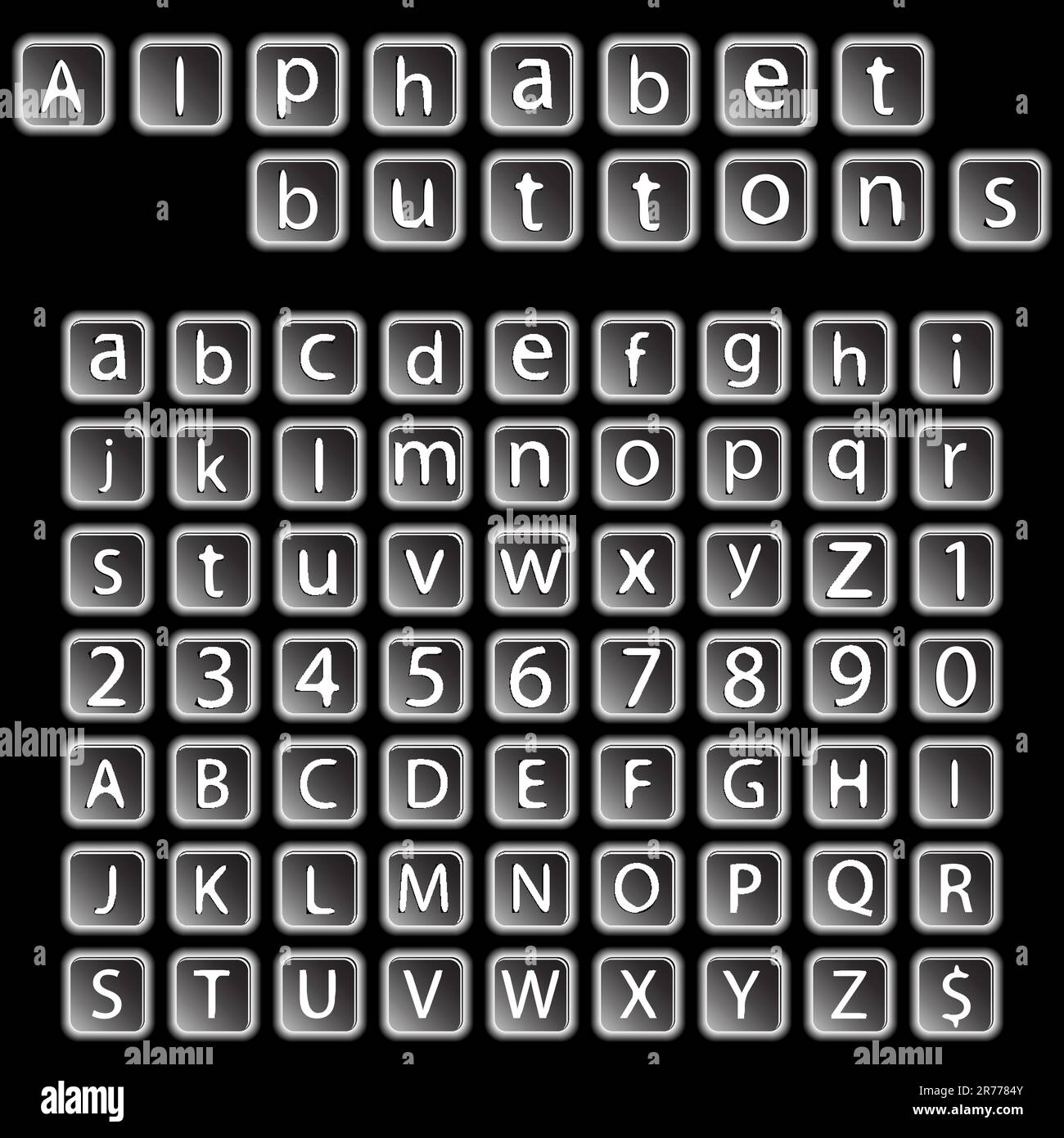 alphabet buttons collection against black background, abstract vector ...