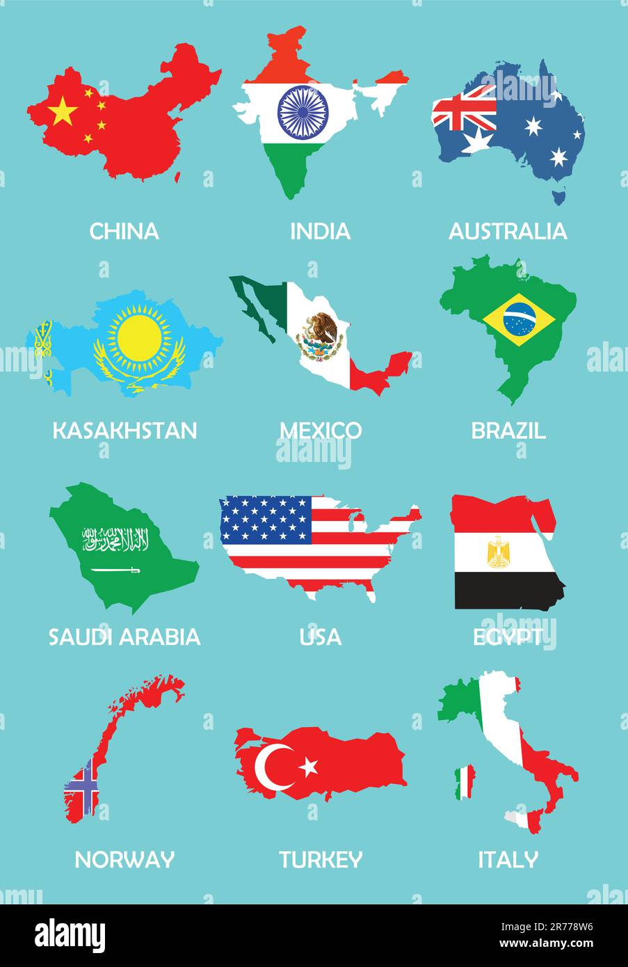 outline maps of the countries with national flags Stock Vector Image ...