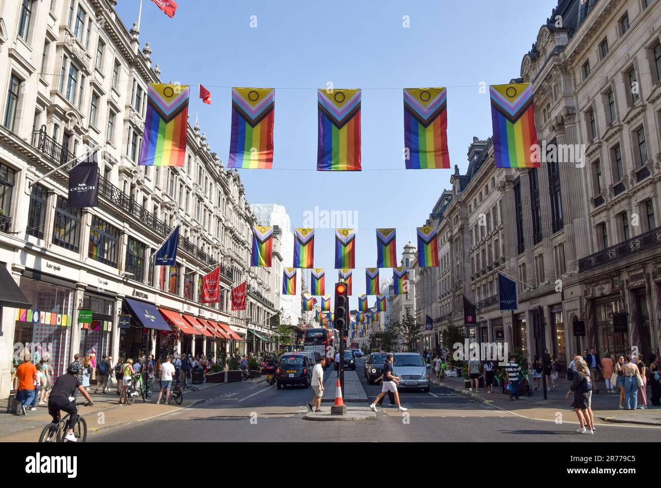 London, England, UK. 13th June, 2023. Pride flags decorate Regent ...
