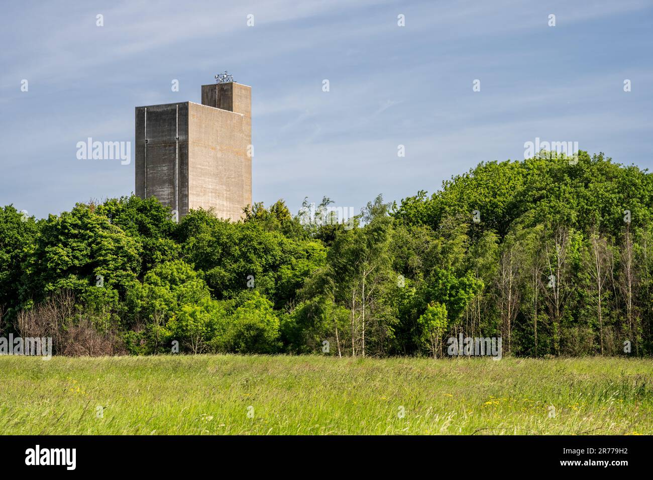 A high rise concrete grain silo appears behind trees and a meadow at ...