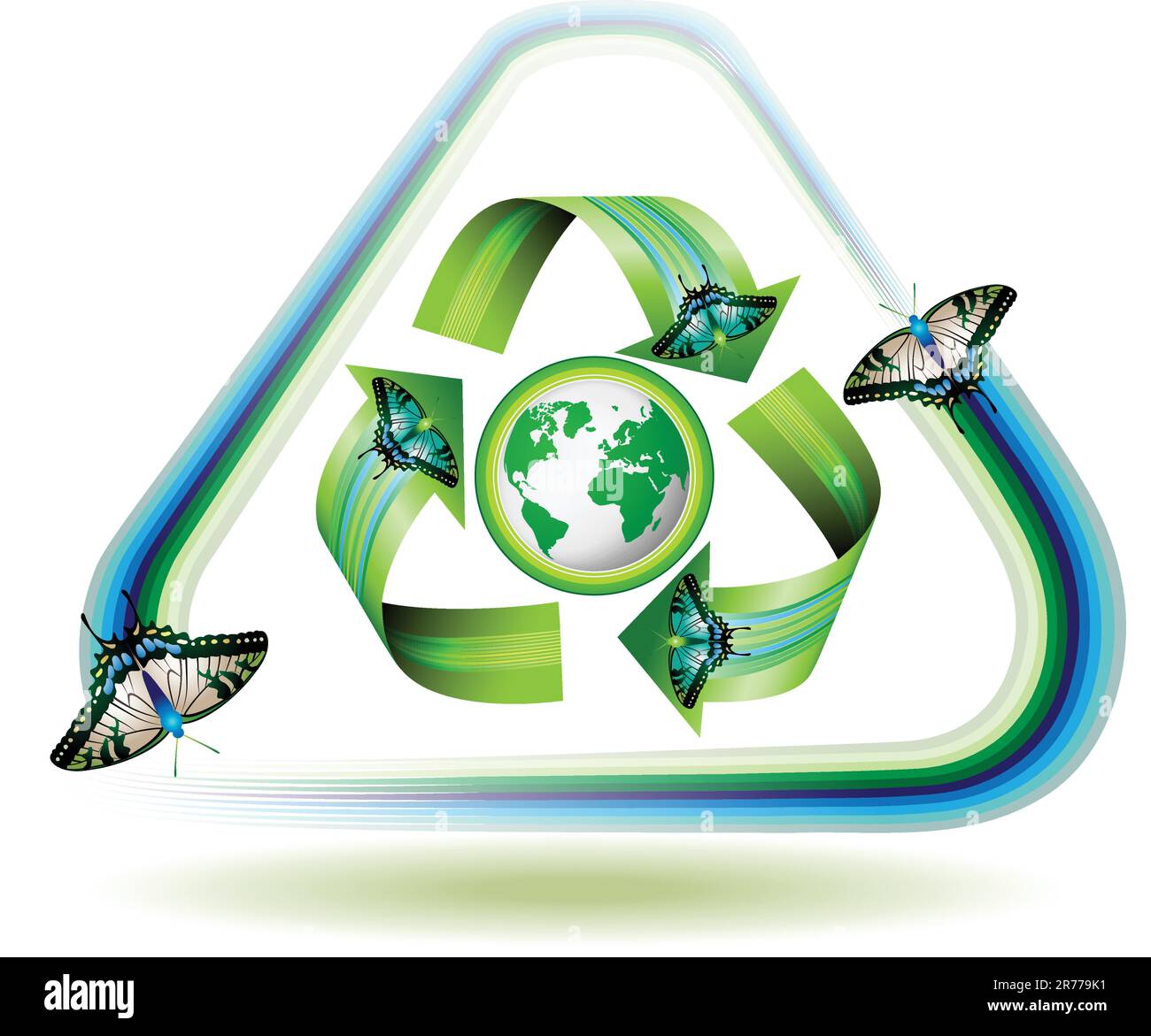 Recycle icon with green earth and butterflies isolated on white ...