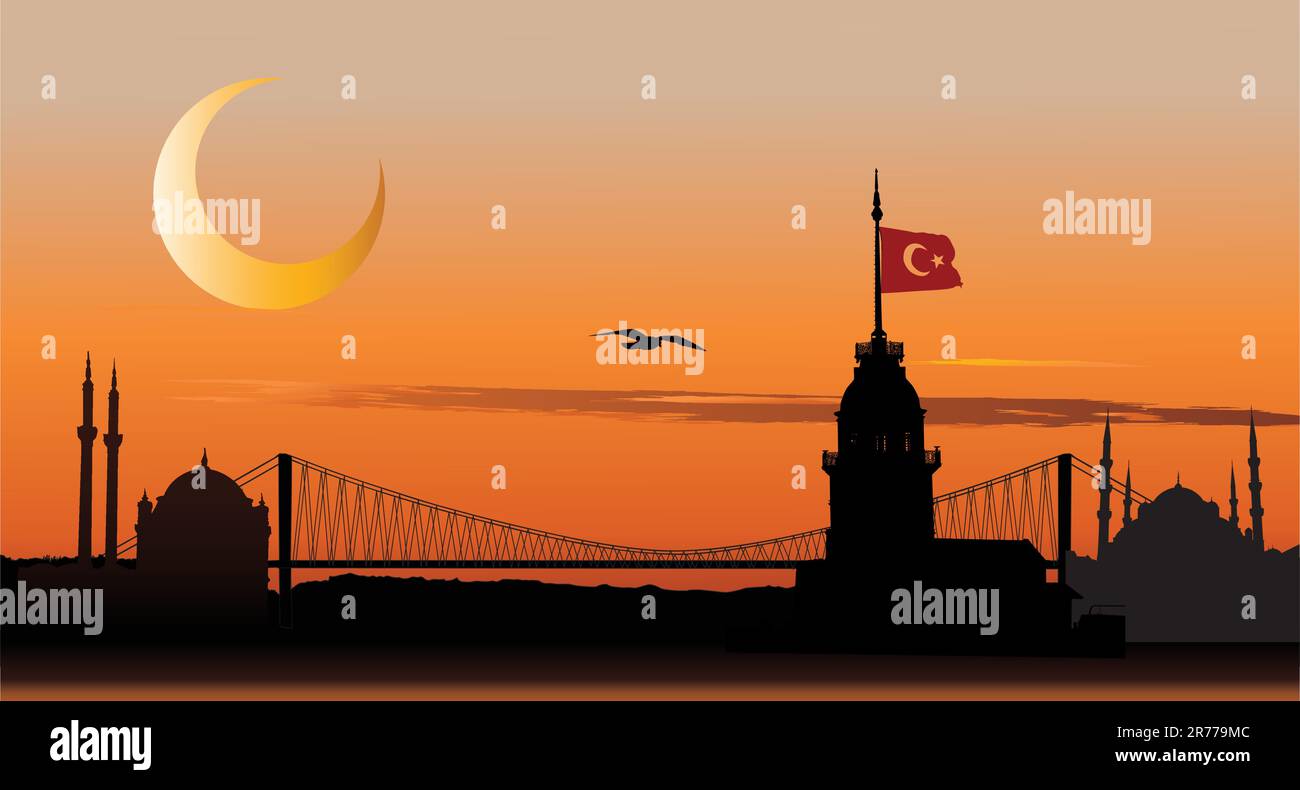 Vector silhouette of Istanbul cityscape against sunset sky Stock Vector ...