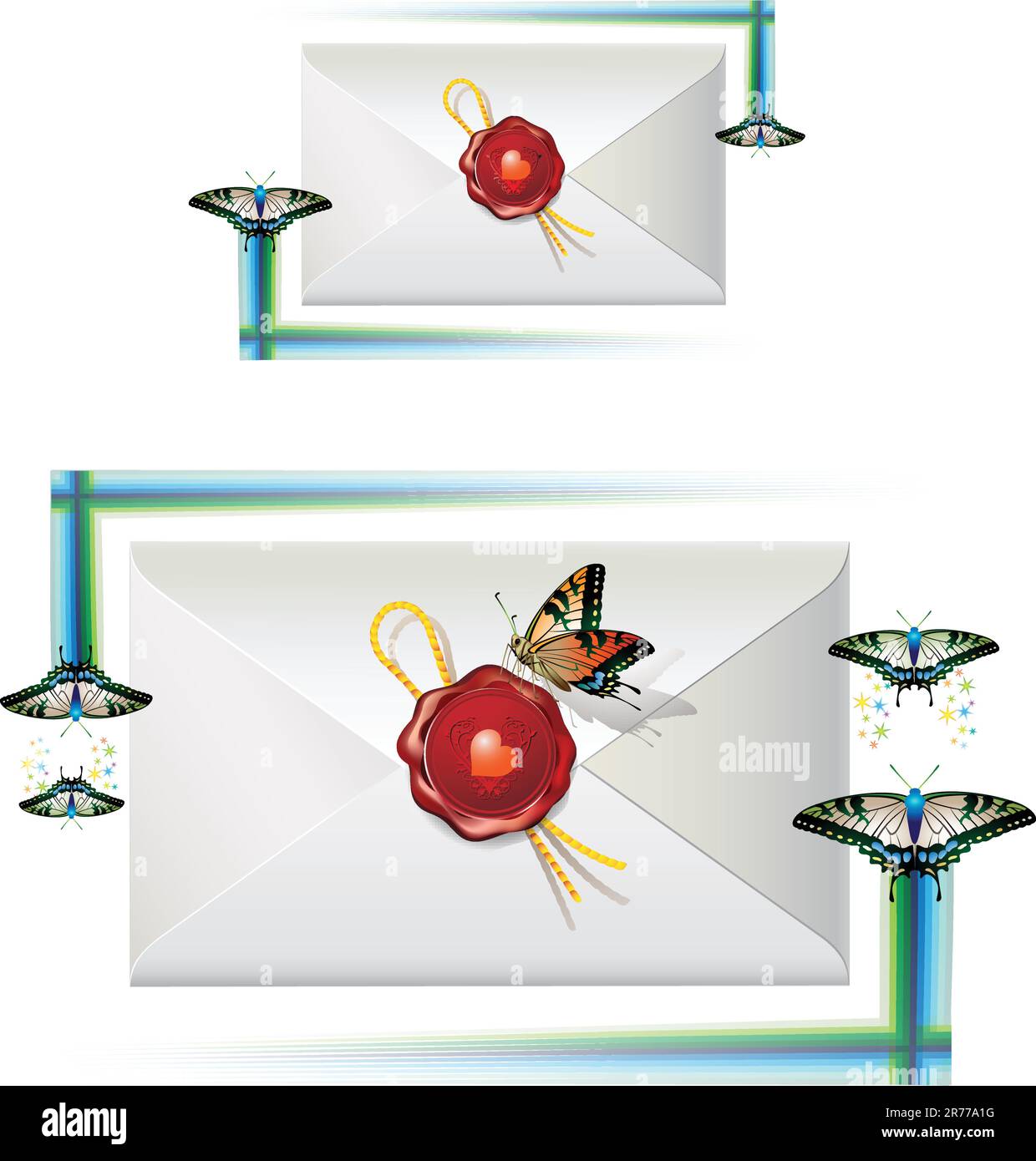 Envelope with seal and fast butterflies isolated on white background ...