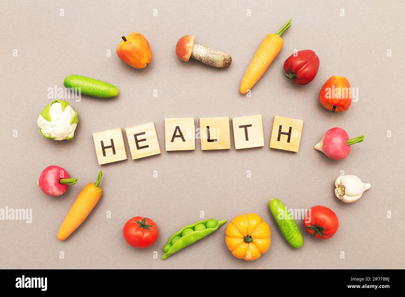 Different healthy food products on a grey background Stock Photo - Alamy