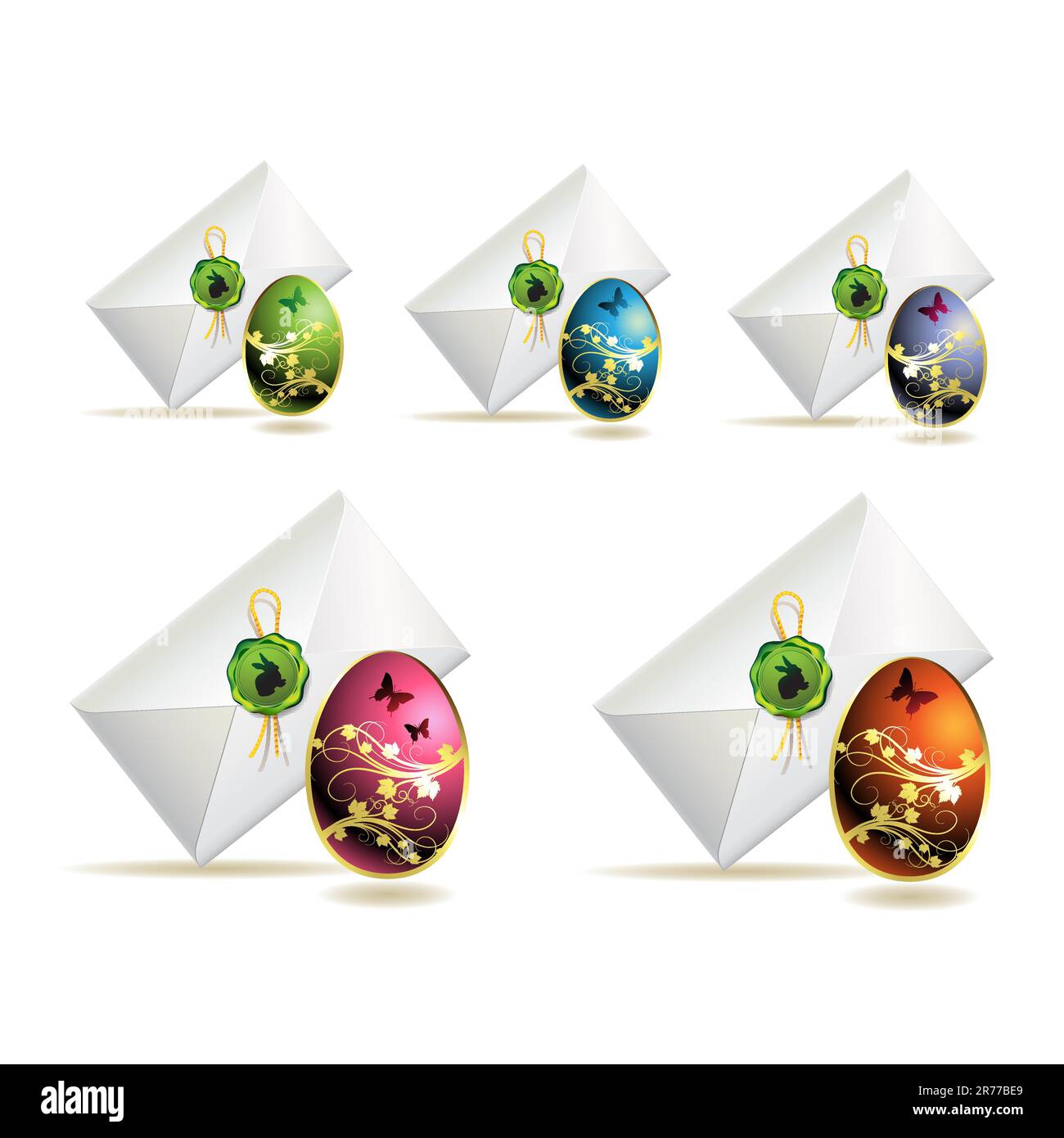 Easter envelopes with multicolor decorated eggs, icons isolated on ...