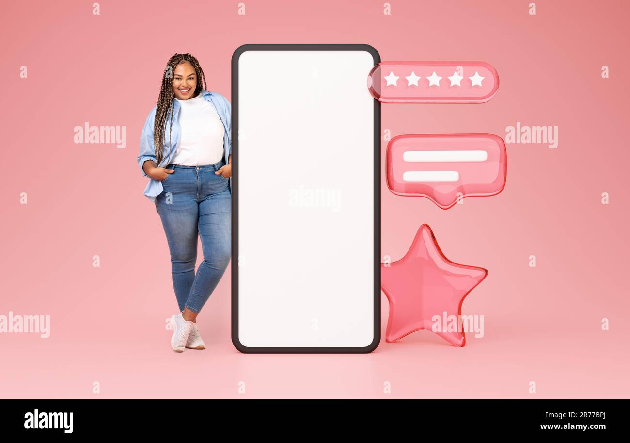 African Woman Near Cellphone With Five Stars Rating Icons, Collage ...