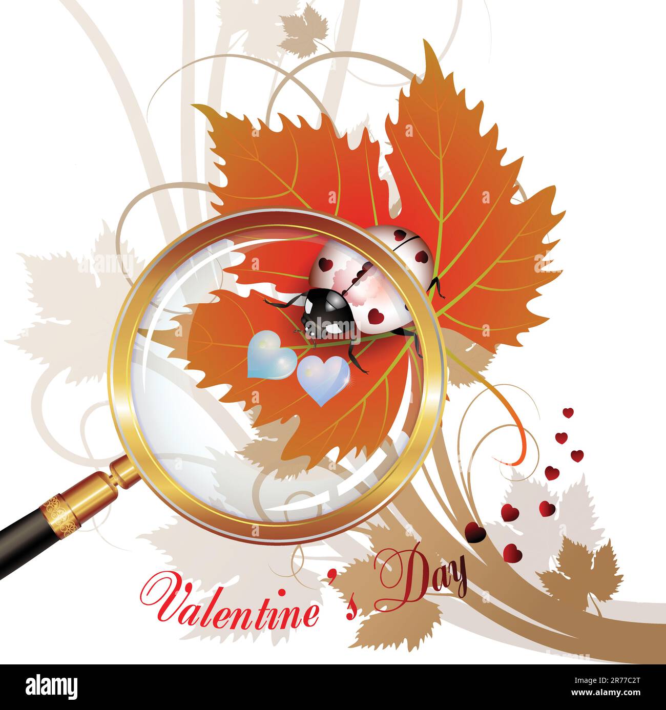 Valentine's day, illustration with hearts and ladybug on leaf seen by a ...