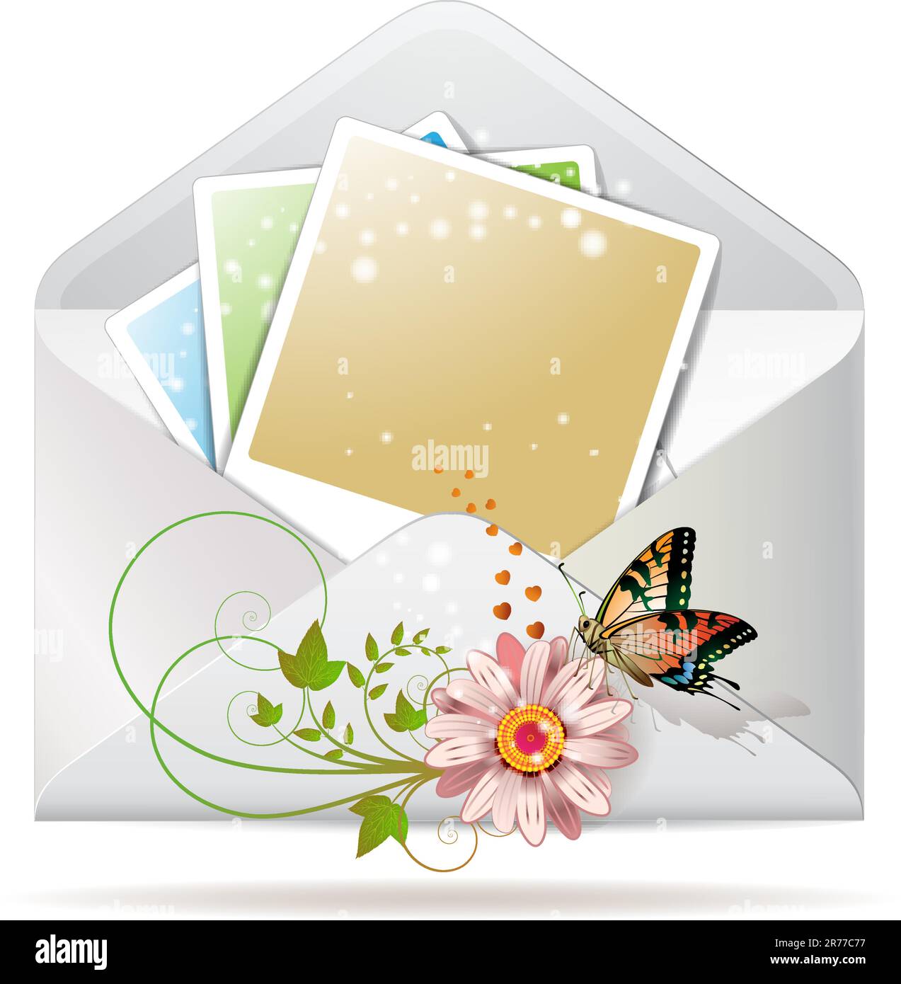 Blank colored photos in envelope decorated with flower and butterfly ...