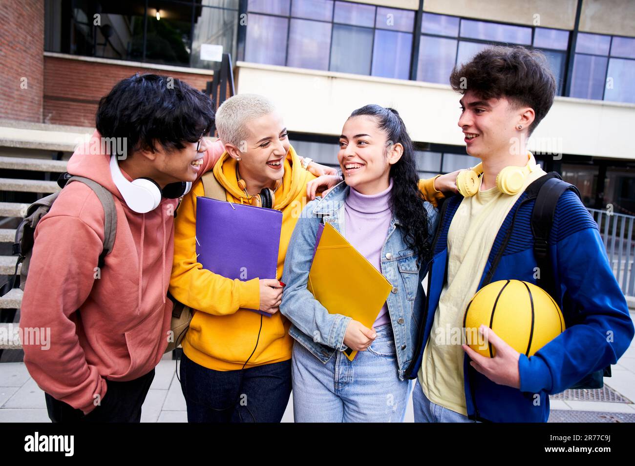 Group of gen z classmate and friends having fun outdoors high school ...